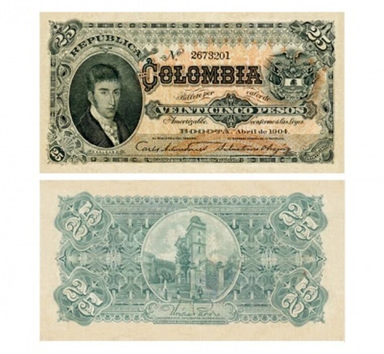 25 песо 1904 Республика Колумбия, сувенирная копия, банкноты и купюры редкие коллекционные