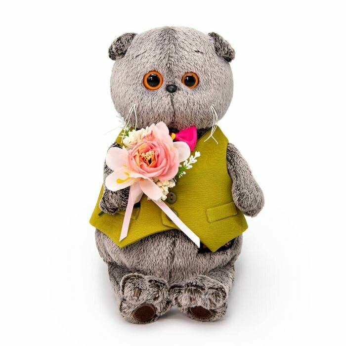 Budi Basa Мягкая Игрушка Кот Басик в жилете и с букетом (22см, в подарочной коробке) Ks22-228