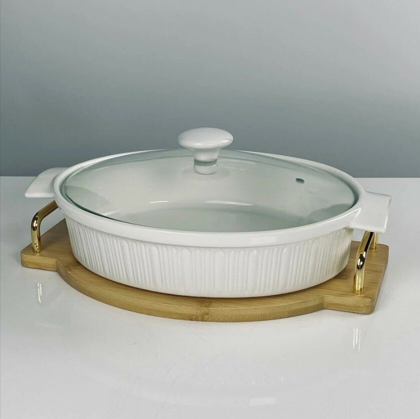 Овальное блюдо для запекания 32.5см с крышкой BIANCO на подставке Фарфор 142-155 118-142-155