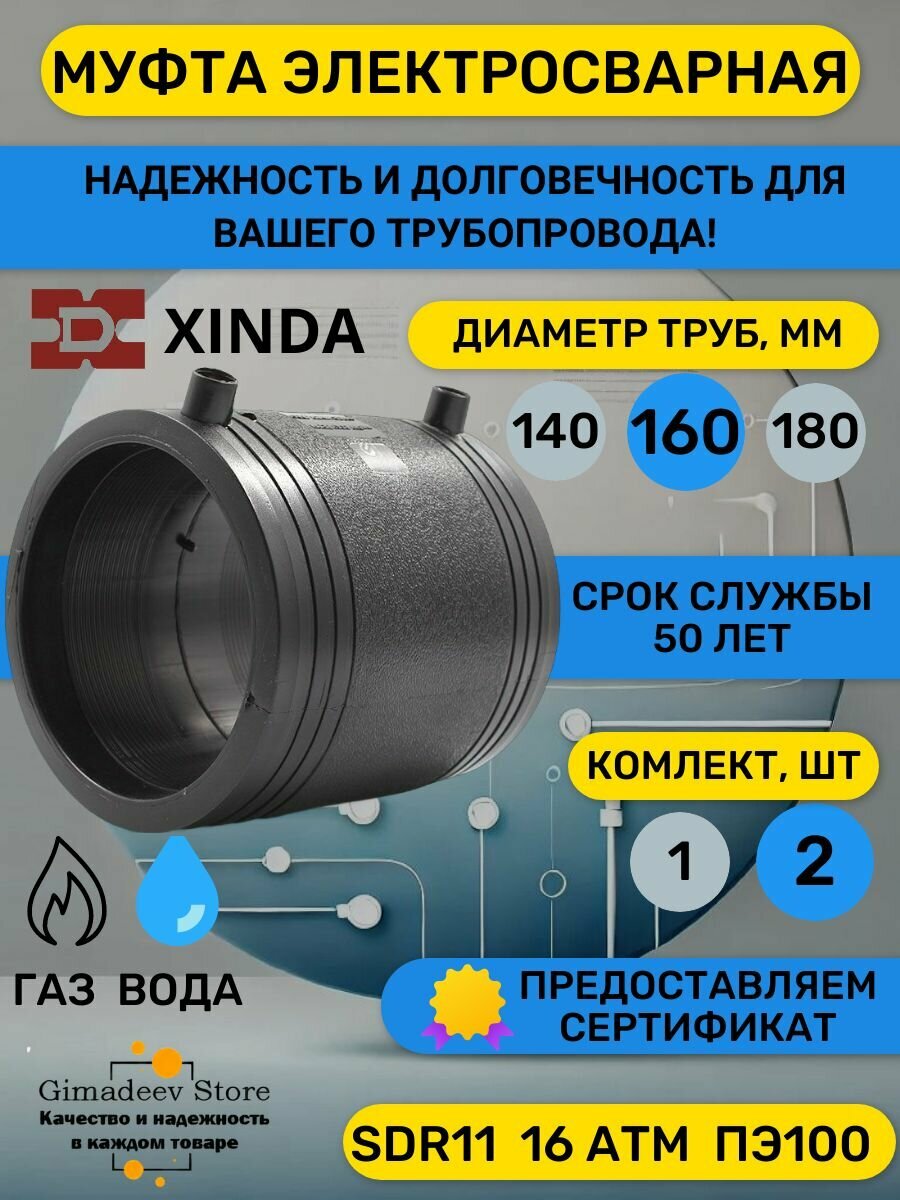 Муфта электросварная D 160 мм ПЭ100 SDR11 Xinda фитинги для пнд трубы 2 шт