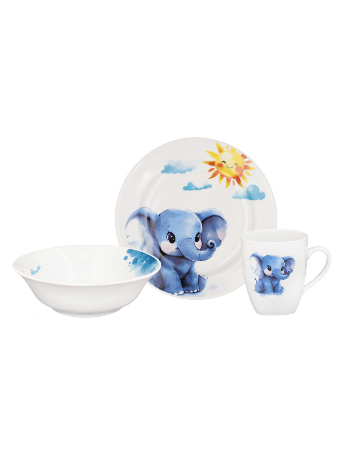 Набор детской фарфоровой посуды из 3-x предметов "Слоник" Дулево (салатник, тарелка, кружка Глория)