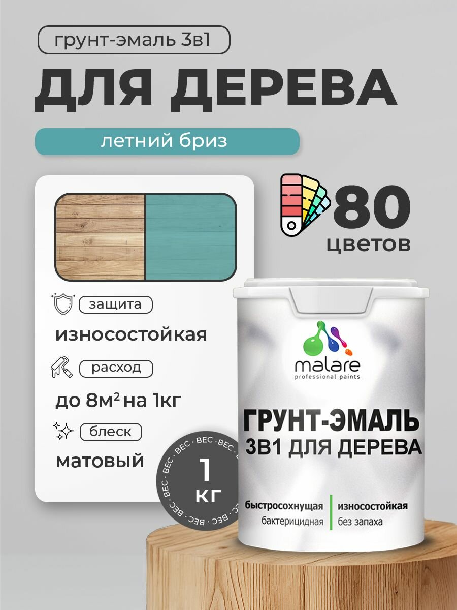 Акриловая Грунт-Эмаль 3 в 1 Malare для деревянных поверхностей/ краска по дереву с антисептическим эффектом/ быстросохнущая моющаяся без запаха матовая, летний бриз, 1 кг