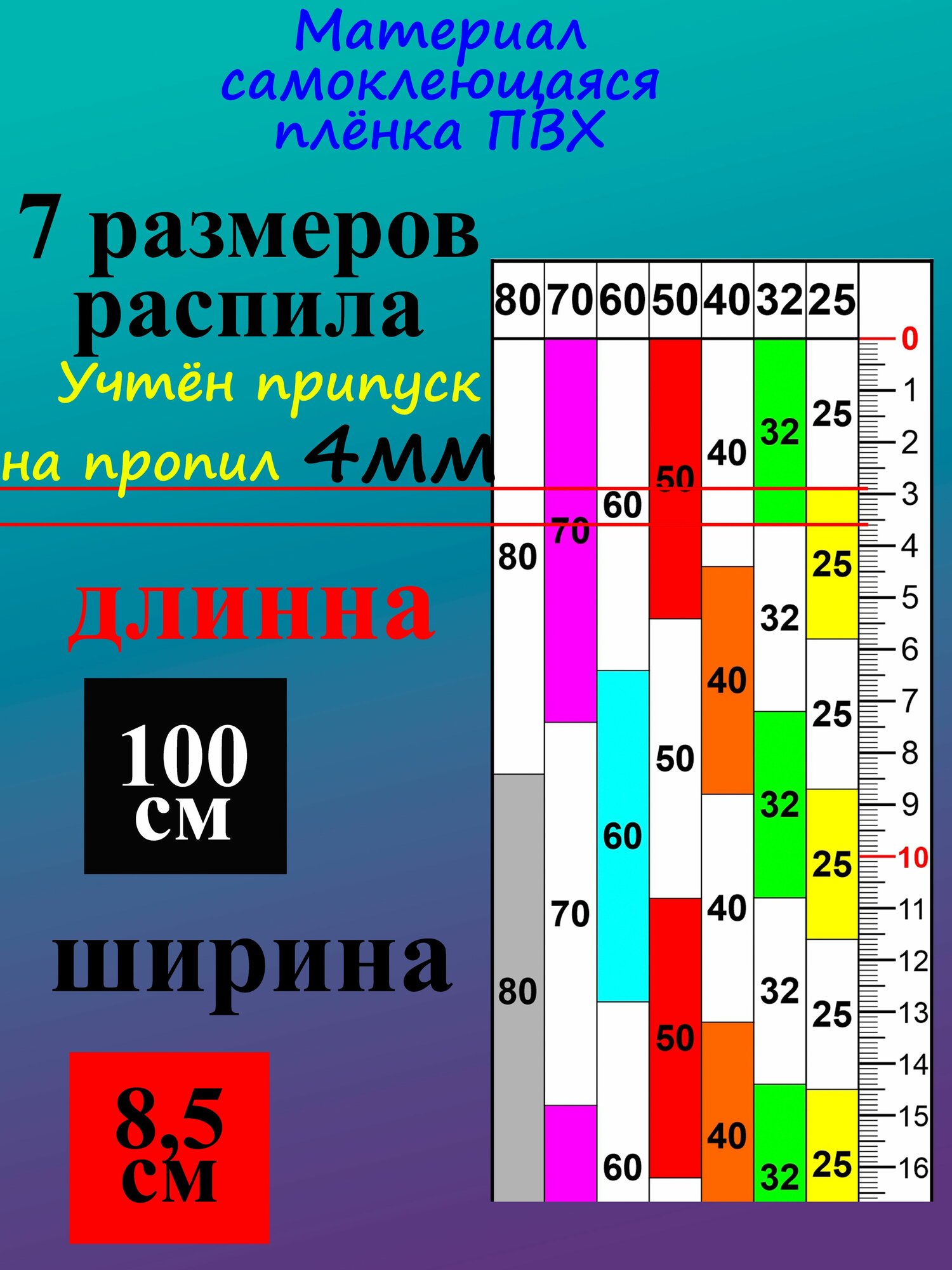 Линейка наклейка ПВХ для пилорамы 100см 7размеров ширина 8,5см