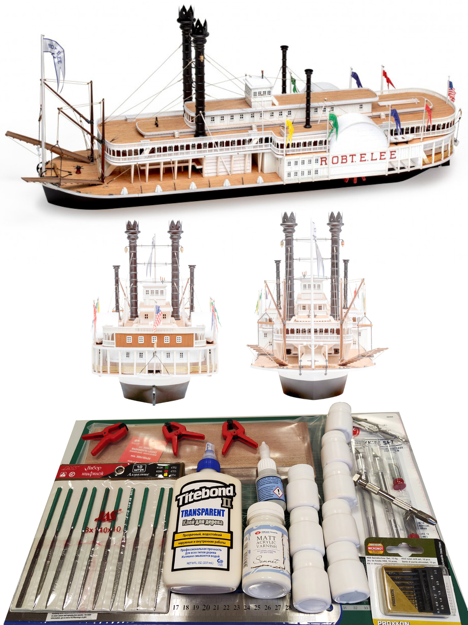 Модель парохода от Amati Robert E. Lee, 550 часов, 600х280 мм, М.1:150, подарочный набор, инструменты, краски, лак, клея