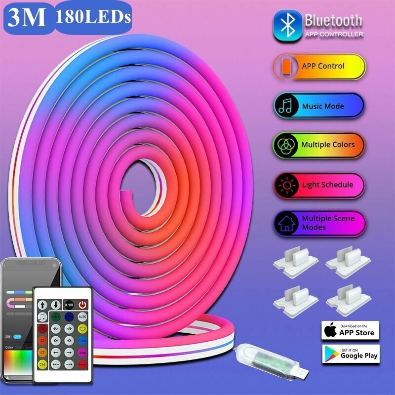 Умная жизнь фото неоновая веревка, 3 м 180 светодиодов, Светодиодная лента из силикона с питанием от USB, RGBIC, Гибкая лента с управлением через приложение IP67 для самостоятельного стайлинга