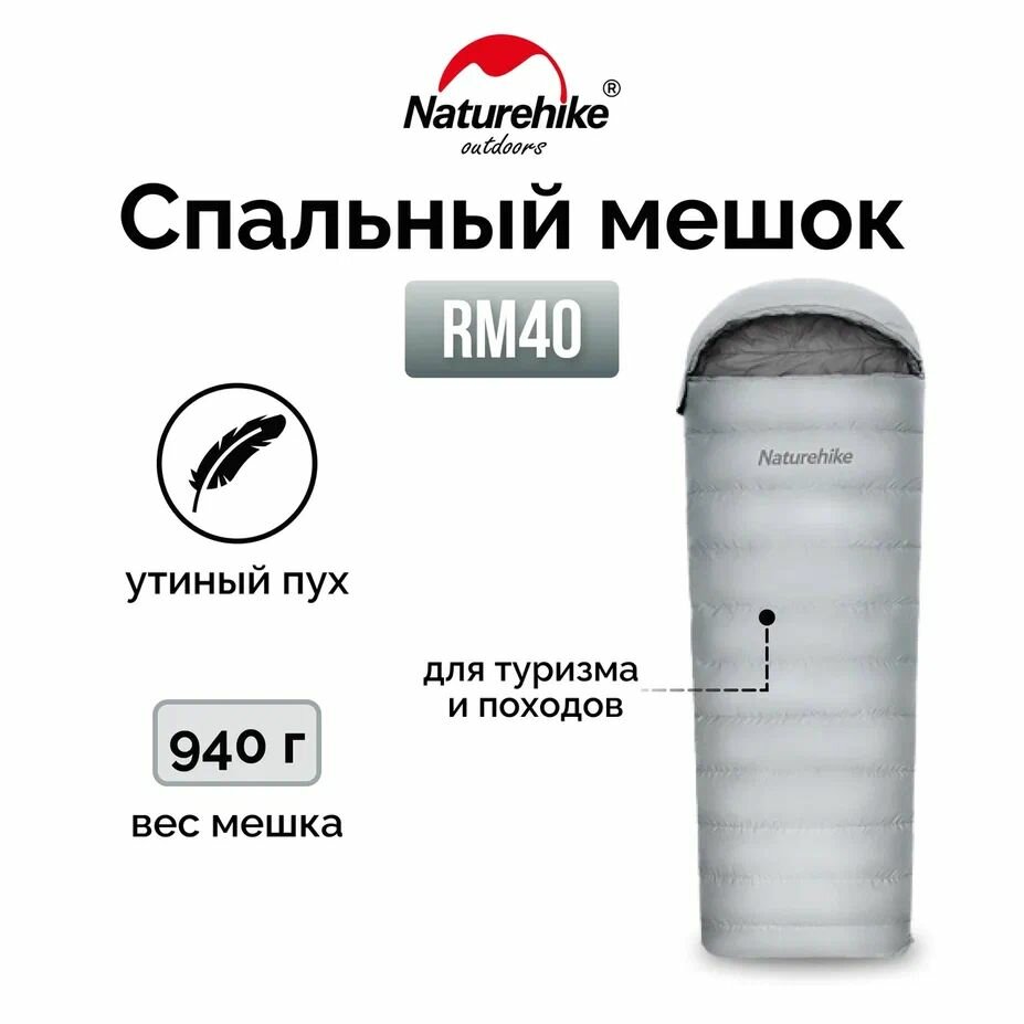 Ультралёгкий спальный мешок Naturehike RM40 Series Утиный пух Grey Size L, молния слева, 6927595707173L