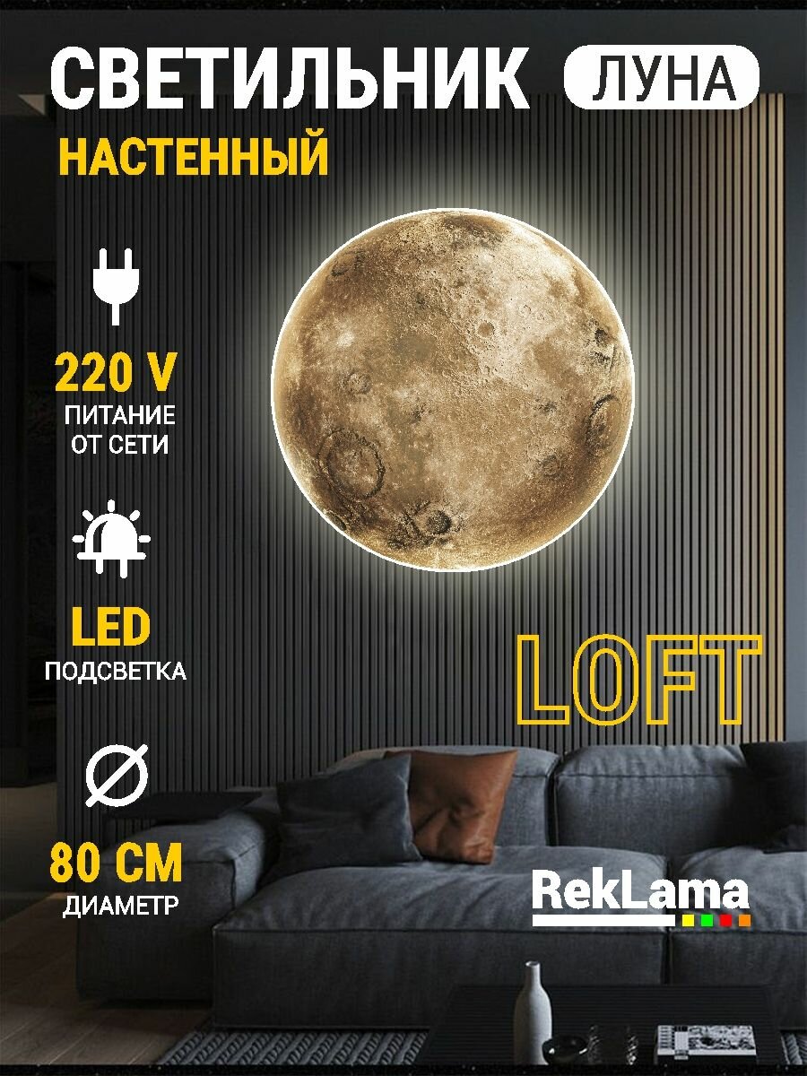 Настенно-потолочный светодиодный светильник луна 80см, холодный 6K для спальни, зала, гостиной, детской комнаты.