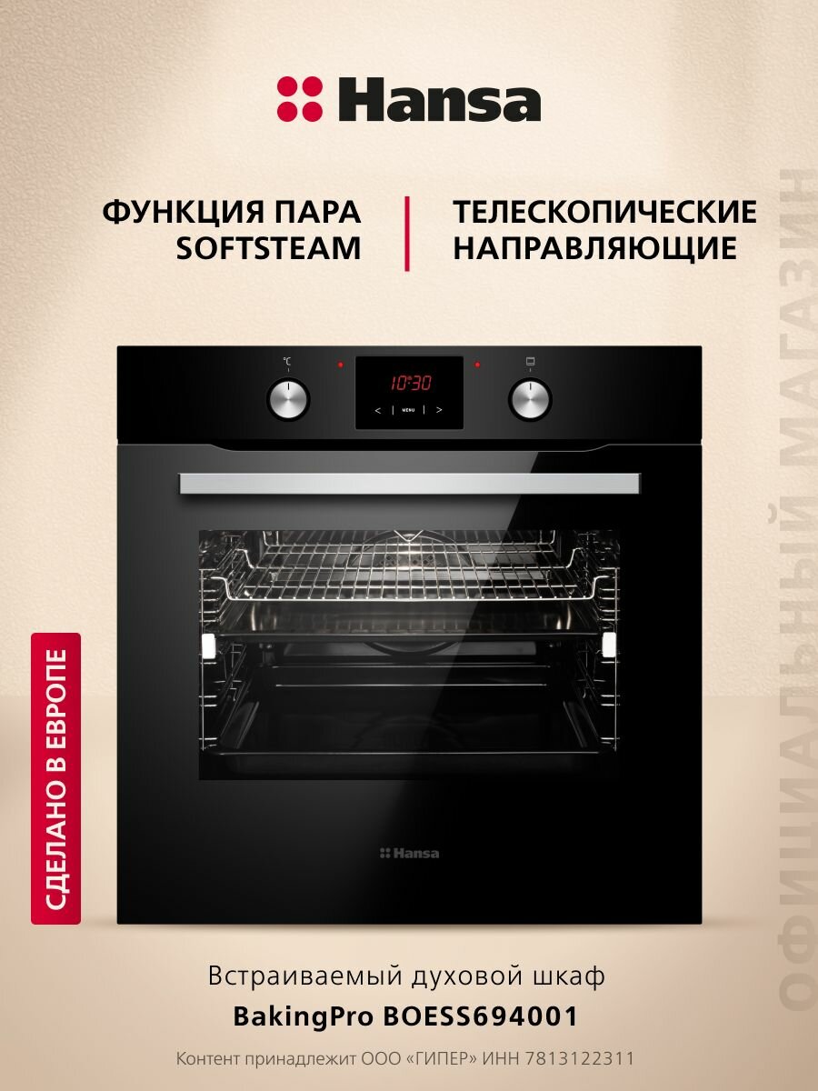 Духовой шкаф электрический встраиваемый Hansa BOESS694001, 60 см, 77 л, 11 режимов, с таймером, грилем и конвекцией, черный
