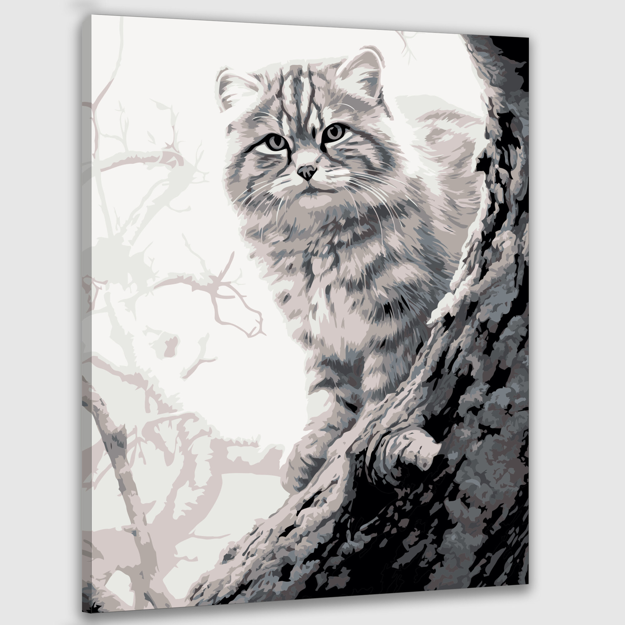 Картина по номерам 40x50 см, манул, рисунок, графитовый, молчаливый, хранитель, мудрость, древо, мох, лес, растушевка