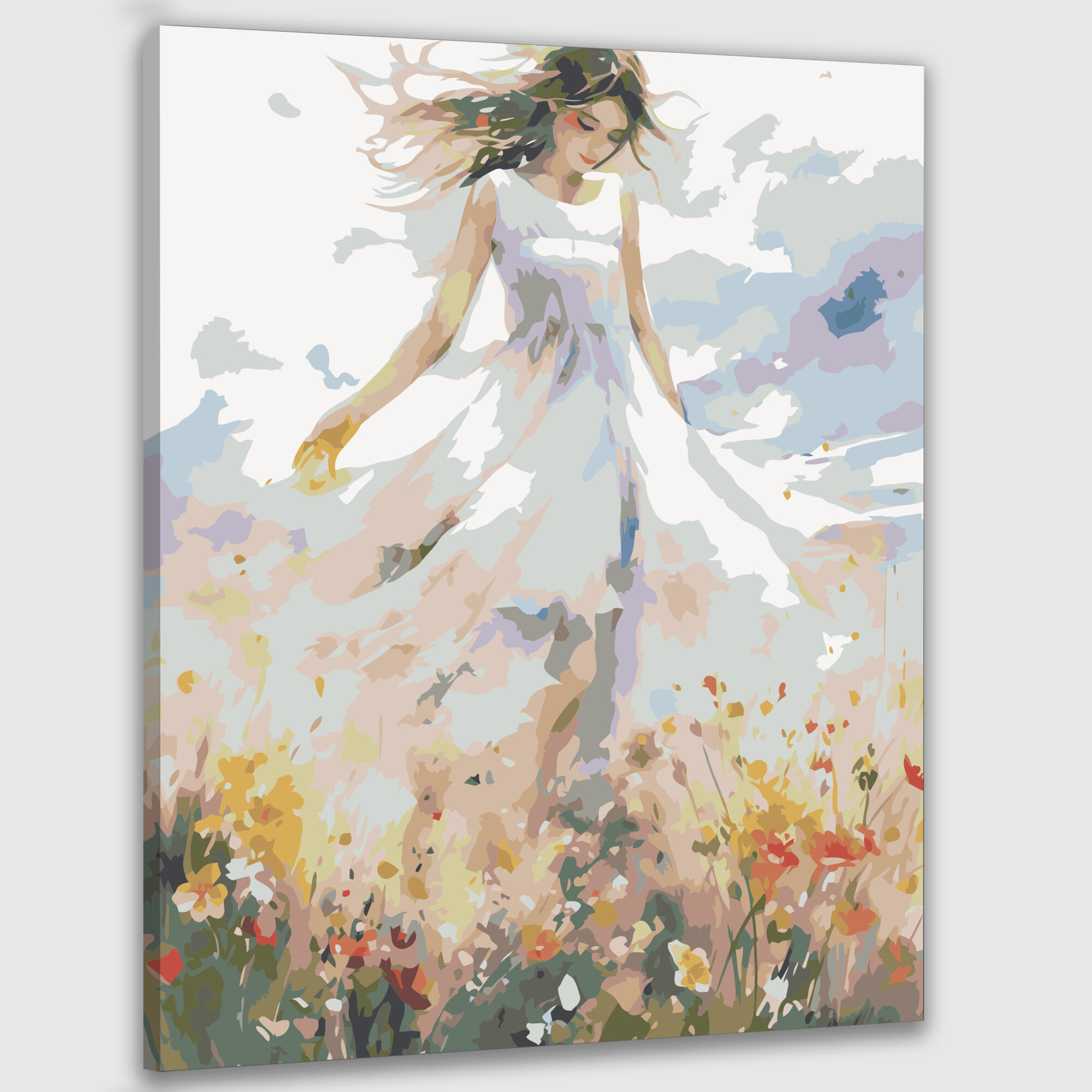Картина по номерам 40x50 см, акварельная иллюстрация, молодая девушка, струящееся платье, ветер, танец, поле цветов