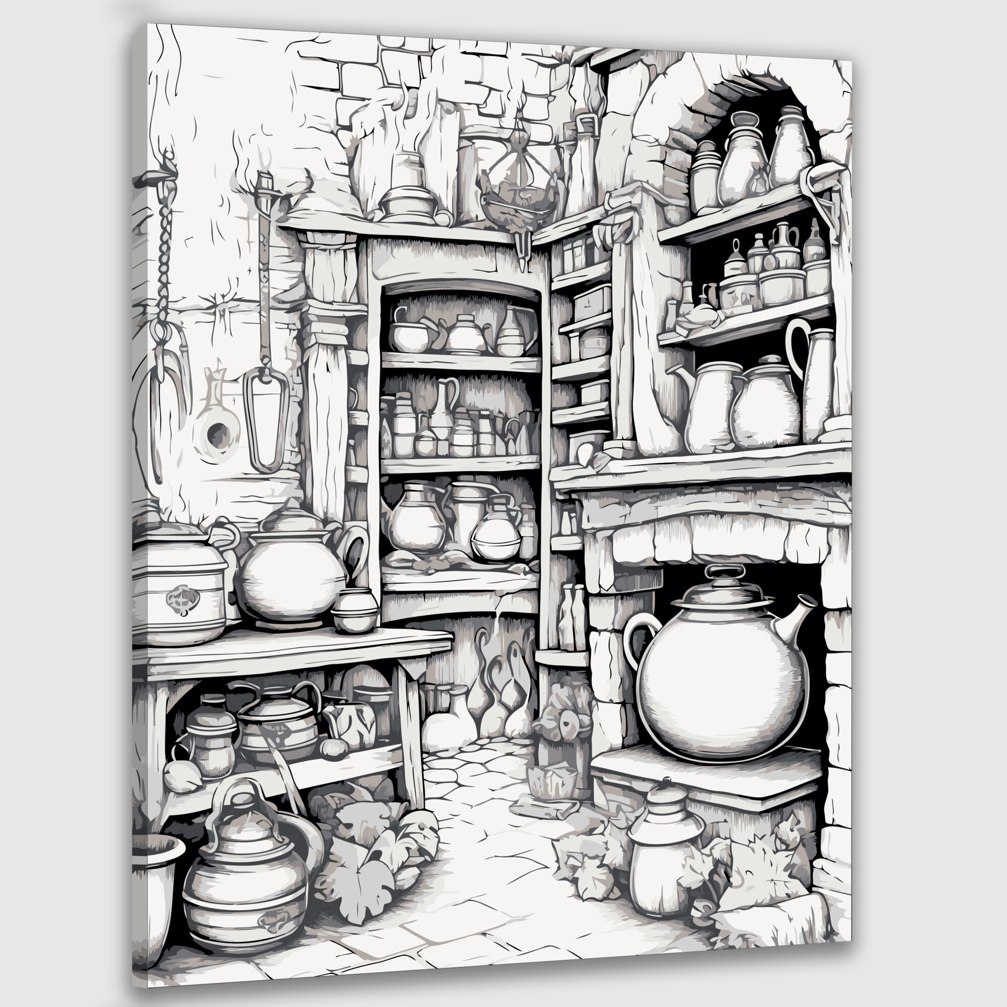 Картина по номерам 40x50 см, картина, рисунок, тушь, кухня, ведьма, полки, банки, ингредиенты, камин, тени, котел