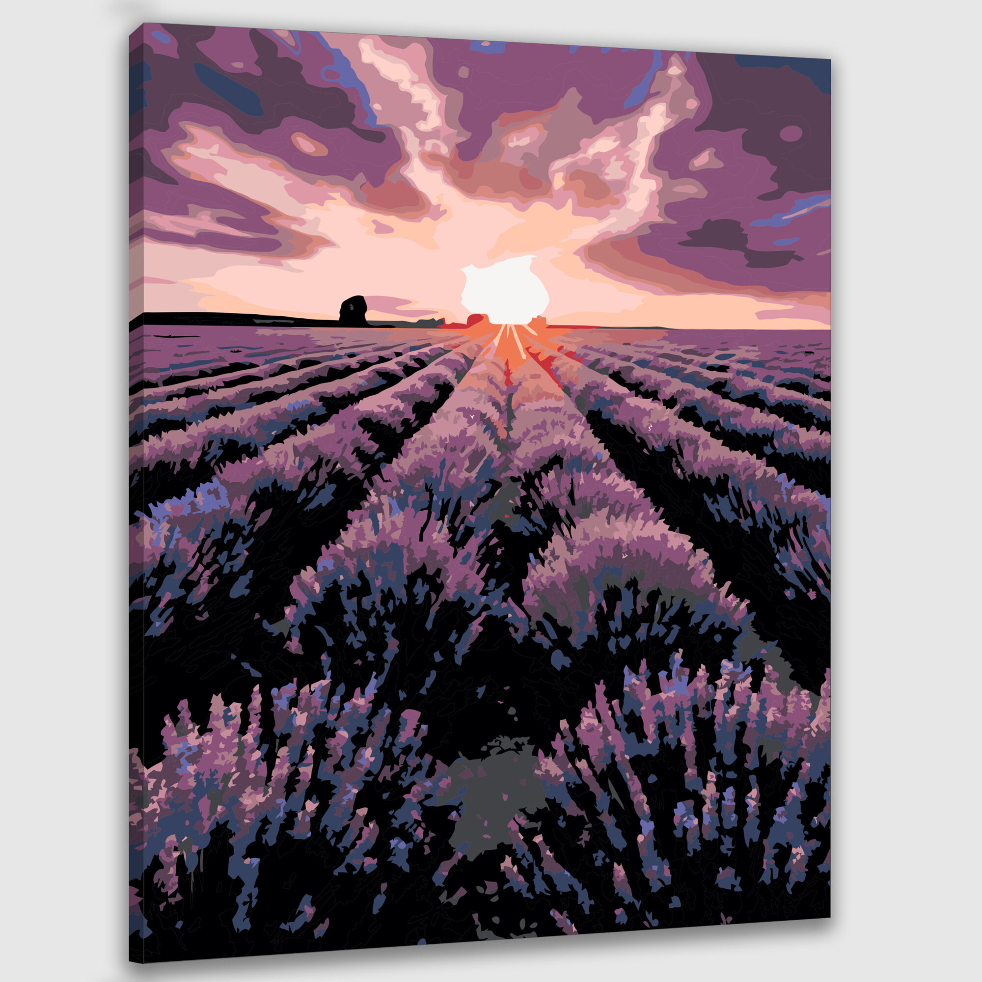 Картина по номерам 40x50 см, лавандовое поле, яркие фиолетовые оттенки, низкий угол, голубое небо