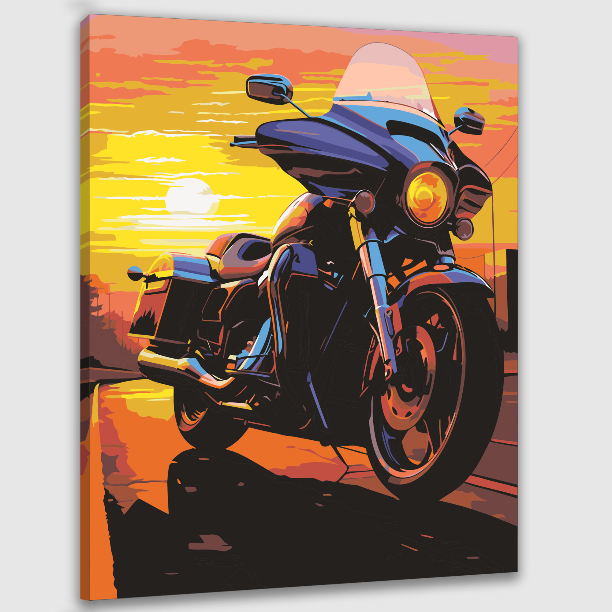 Картина по номерам 40x50 см, яркая, цифровая, картина, мотоцикл, глянцевый, черный, корпус, отражает, оттенки, закат