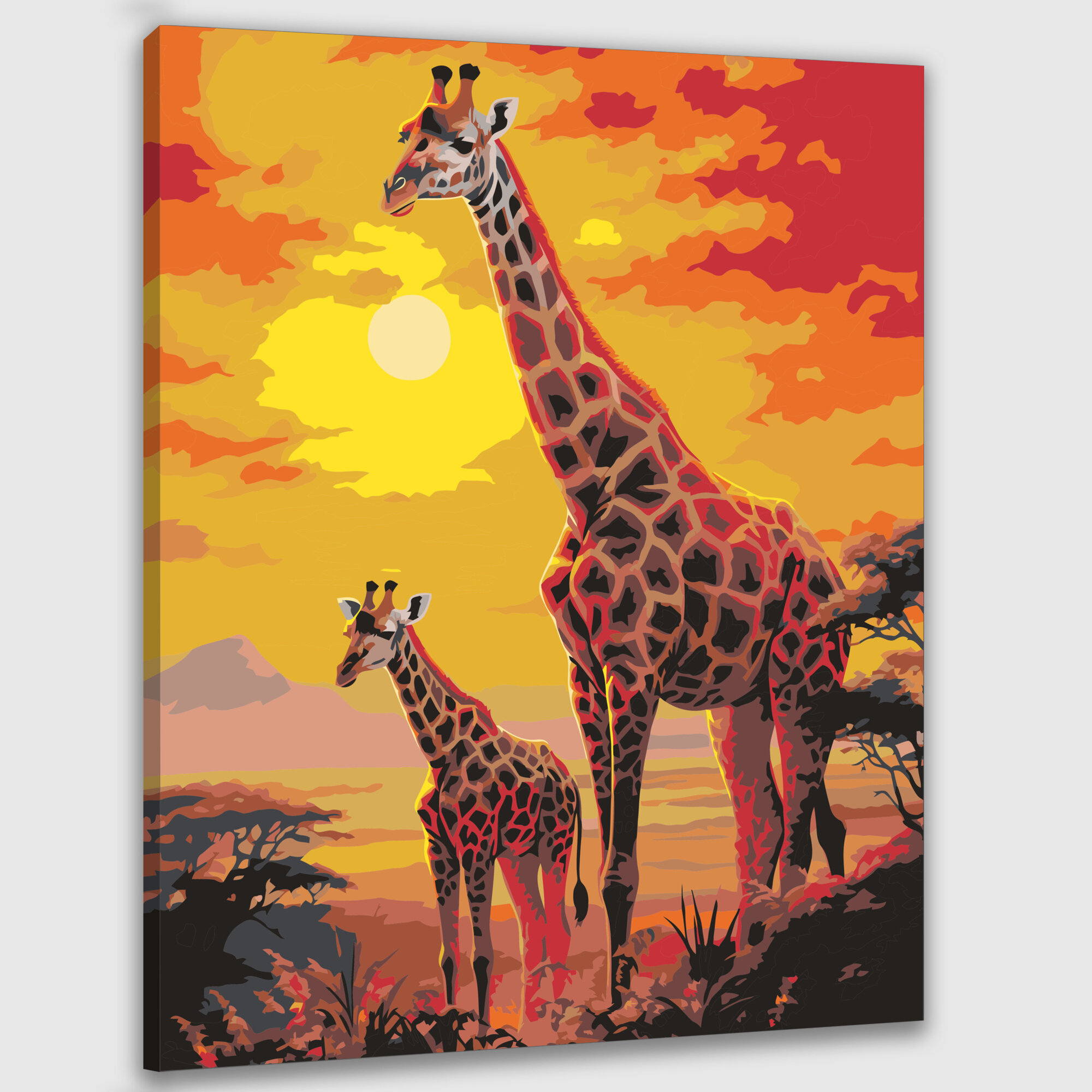 Картина по номерам 40x50 см, картина, масло, жираф, детеныш, закат, африканские равнины, оранжевый, желтый, красный
