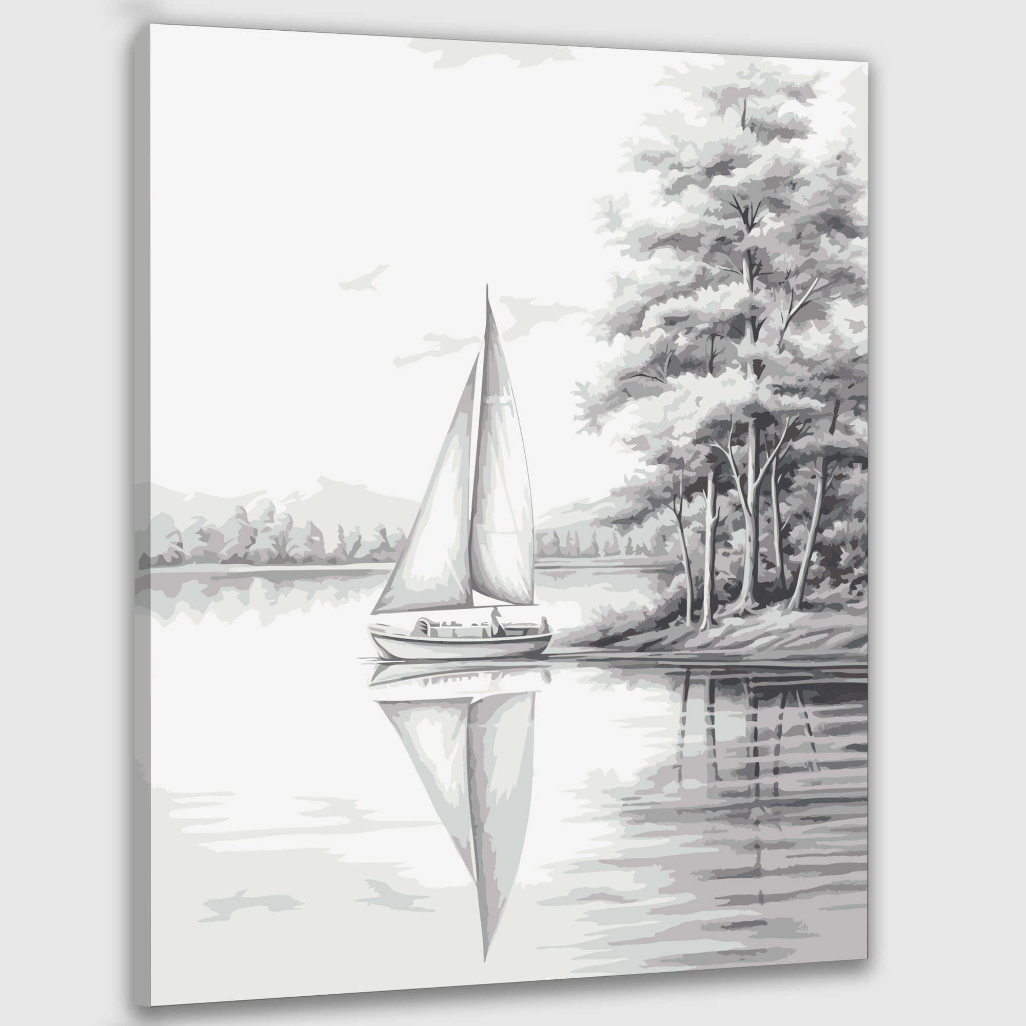 Картина по номерам 40x50 см, карандашный набросок, парусная лодка, озеро, летний день, безветренность