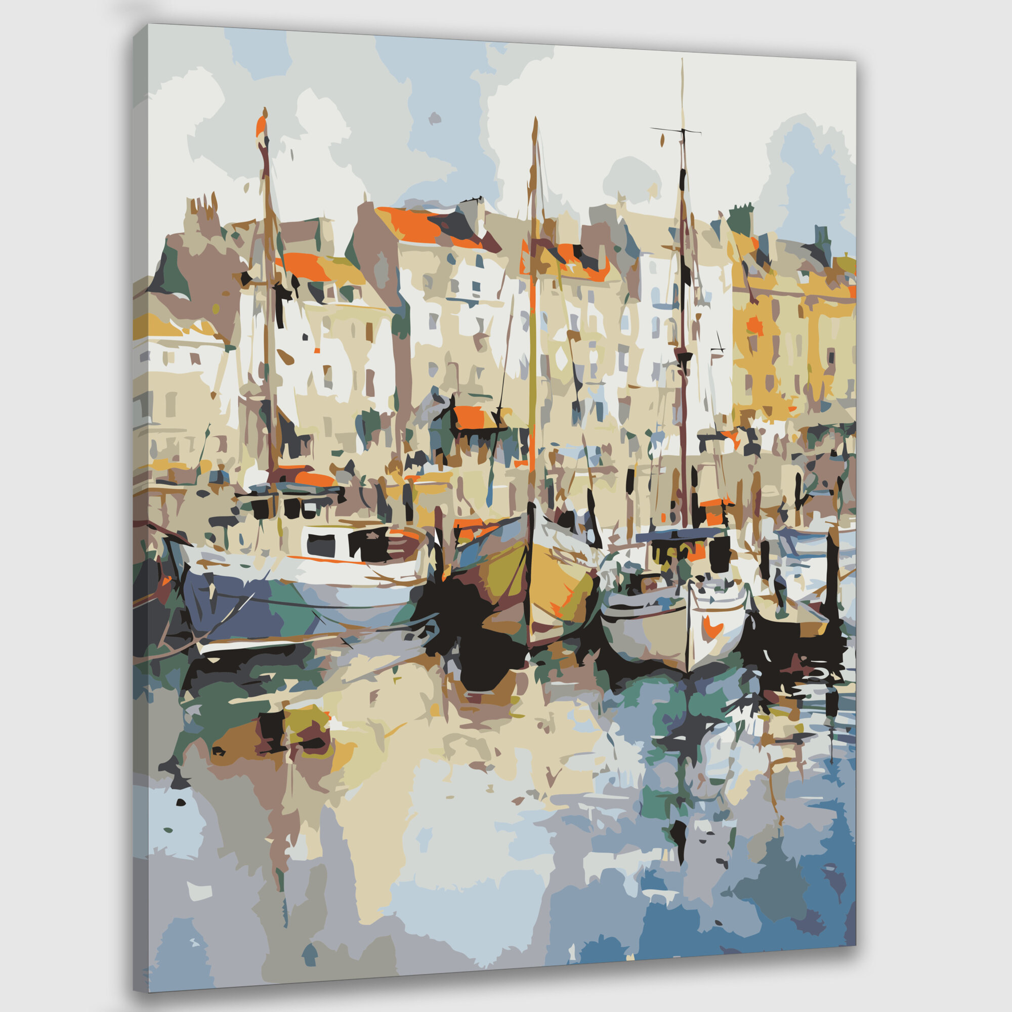 Картина по номерам 40x50 см, акварельная картина, гавань, рыбацкие лодки, чайки, рыбаки, динамичная энергия