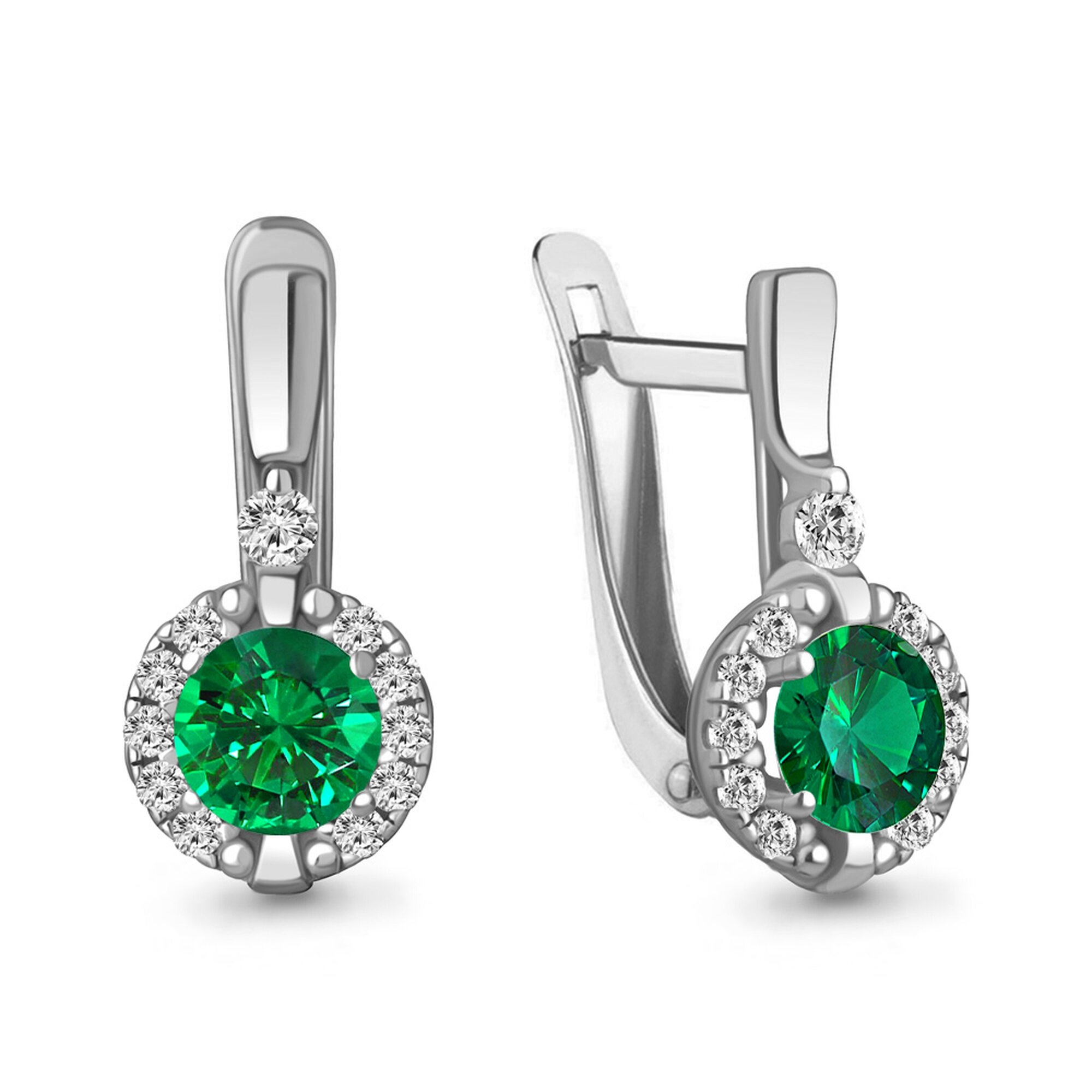 Серьги, серебро, 925 проба, родирование, фианит, изумруд синтетический