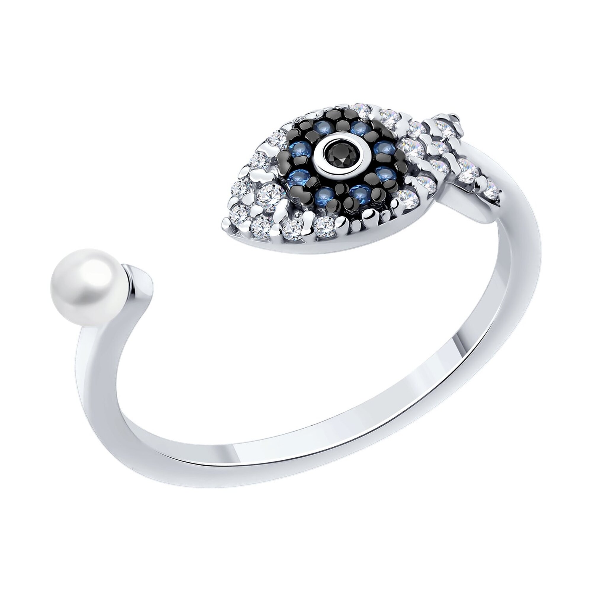 Кольцо, серебро, 925 проба, родирование, жемчуг, фианит