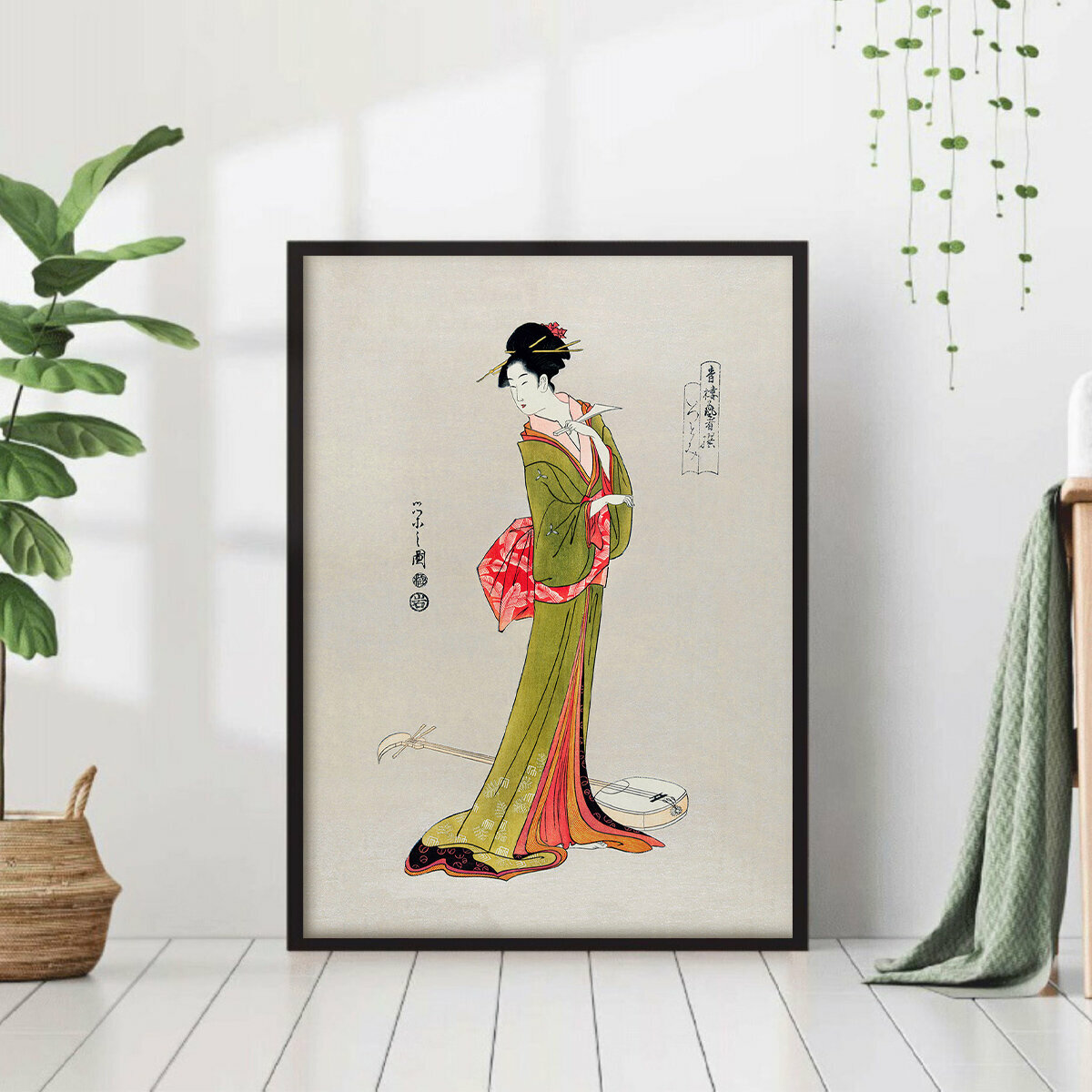 Постер " Гейша рисунок репродукция" 40x50 в черной рамке для интерьера на стену