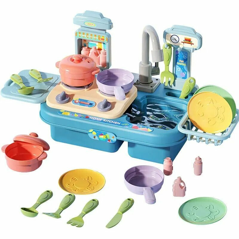 Раковина детская с водой и насосом для игры в кухню, 31 элементов, Синий