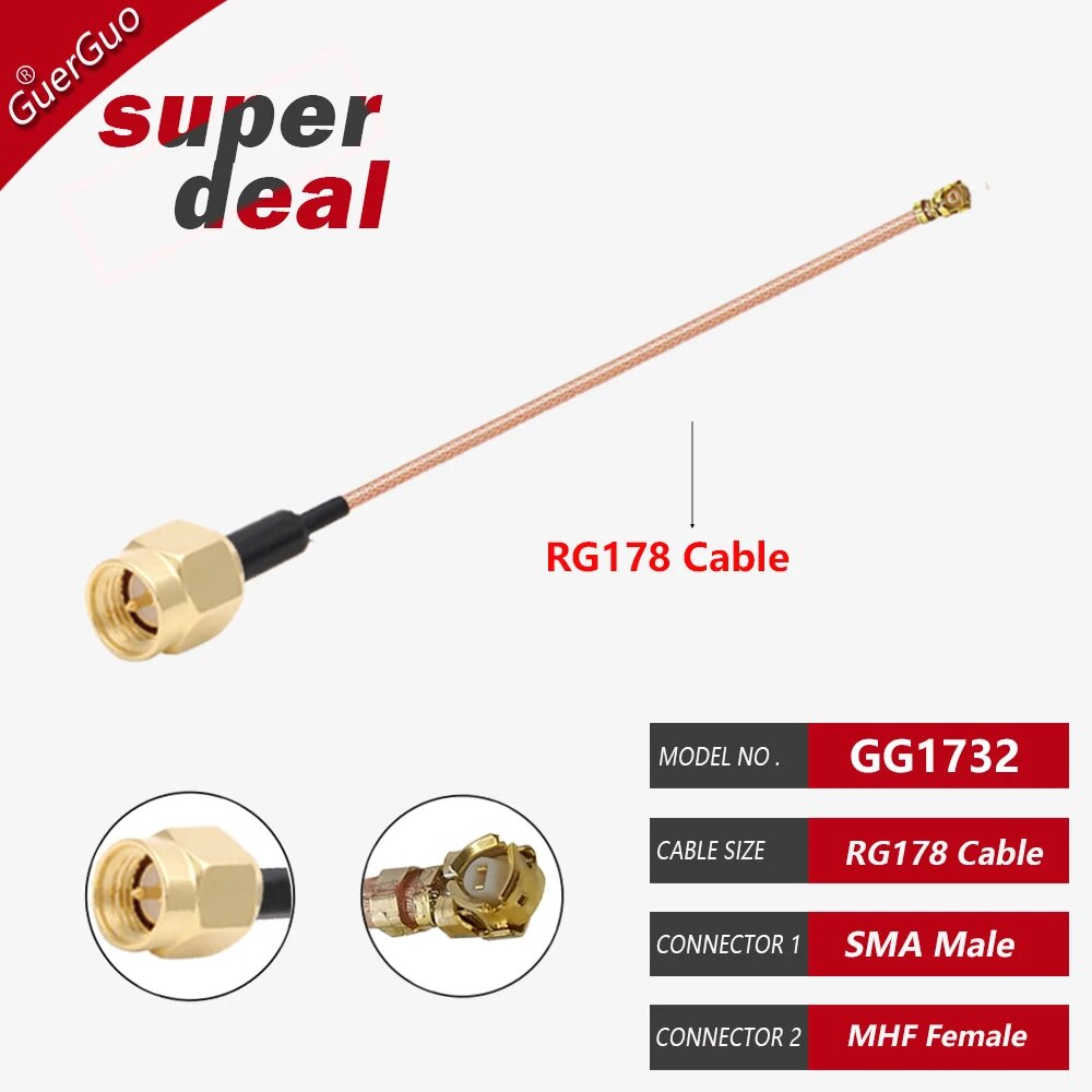 Кабель RG178 SMA-U. FL MHF-1 GuerGuo 10CM, SMA M to MHF F