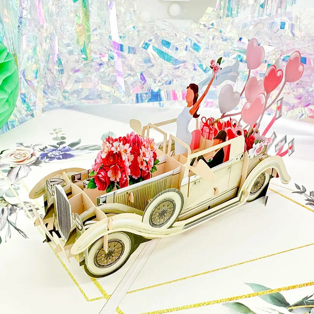 3D открытка с цветами parehope Wedding Car
