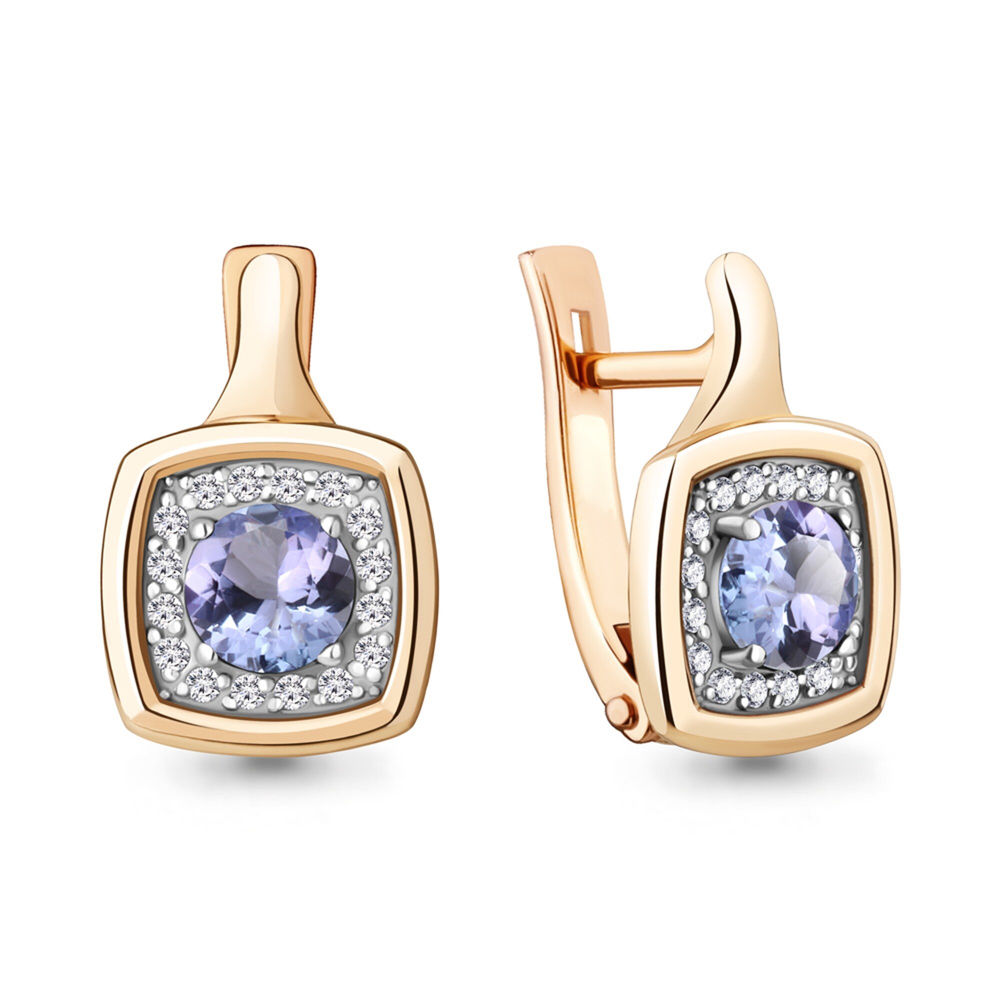 Серьги, красное золото, 585 проба, бриллиант, танзанит