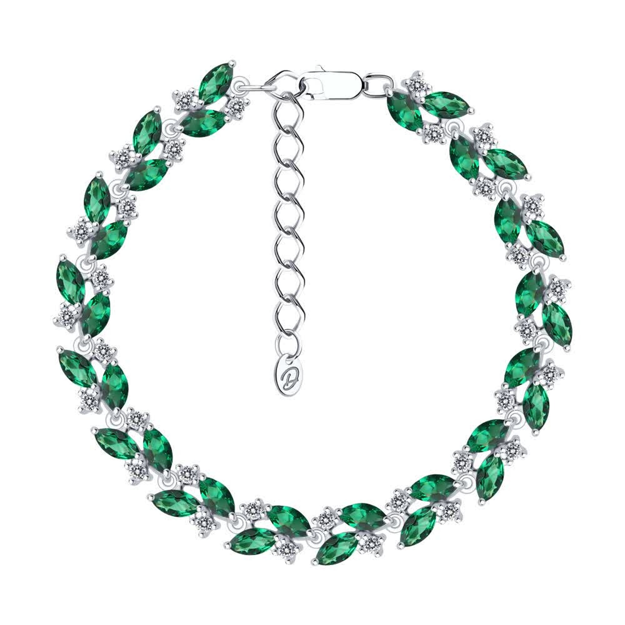 Браслет, серебро, 925 проба, родирование, изумруд синтетический, фианит