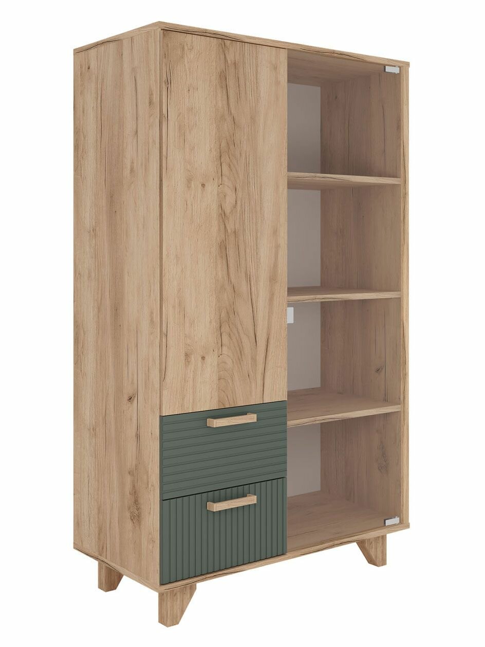 Шкаф-витрина Ньерд с полками, с ящиками, с нажимным механизмом, 80х41х137 см, Дуб Вотан / Можжевельник / Стекло