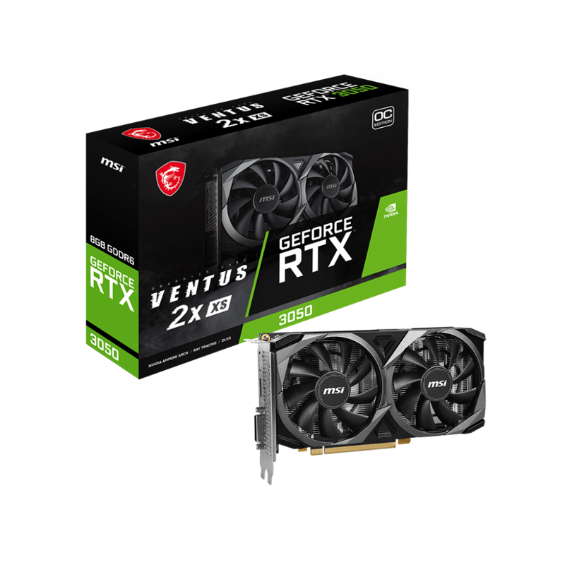 Видеокарта VGA MSI NVIDIA GeForce RTX 3050 VENTUS 2X XS 8G OC 8GB, GDDR6/128-bit, PCIe 4.0, 1xDVI-D, 1xHDMI 2.1, 1xDP, 2.3-slot (MSI GeForceRTX3050VENTUS2XXS8GOC)