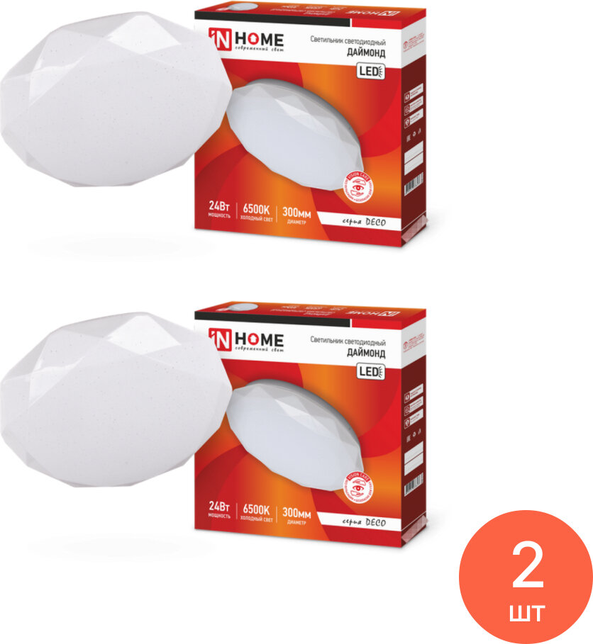 Светильник потолочный IN HOME / Ин Хоум DECO Даймонд светодиодный, мощностью 24Вт, 2160Лм, белый 6500К, размером 330х55мм / освещение (комплект из 2 шт)