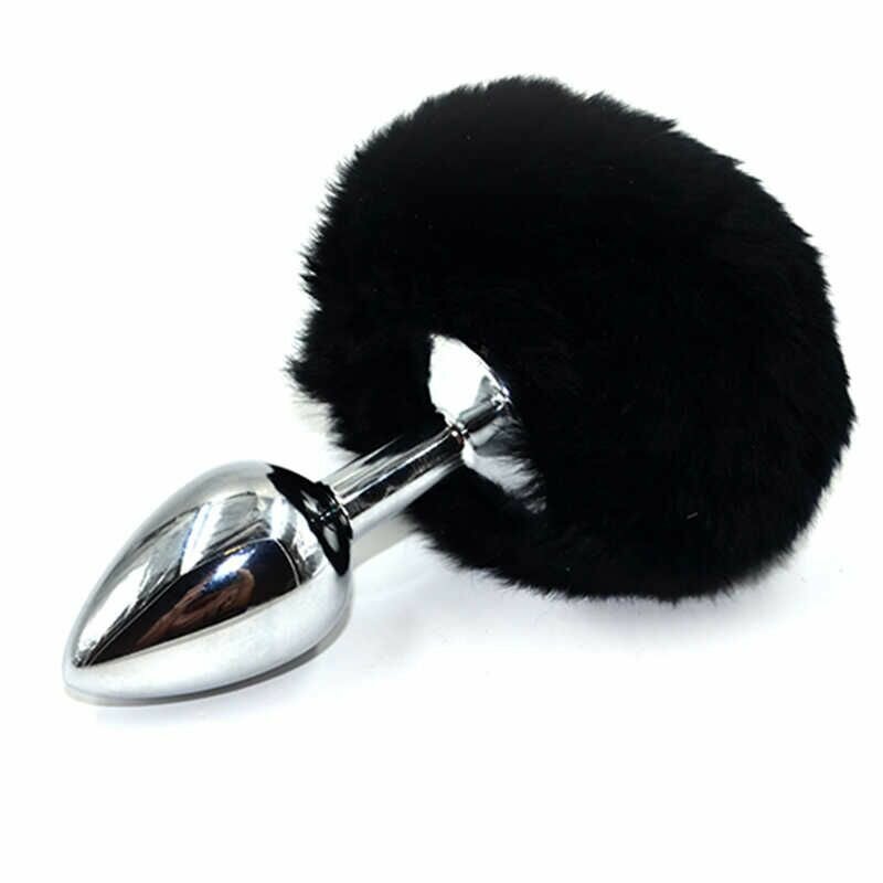 Анальная пробка с маленьким хвостиком из черного натурального меха, S