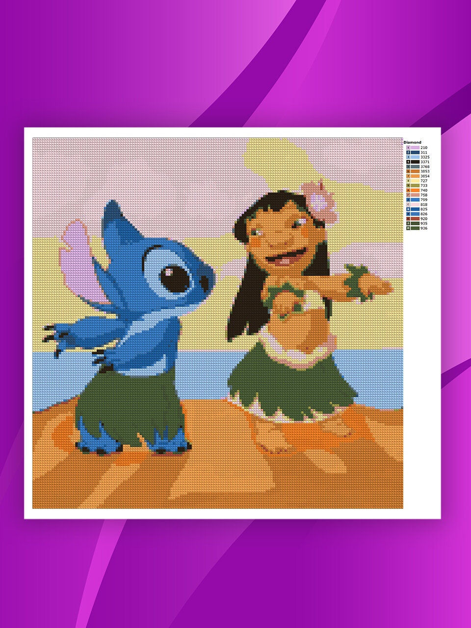 Алмазная мозаика без подрамника - вышивка - Лило и Стич - Гавайский вечер 40 х 40 см