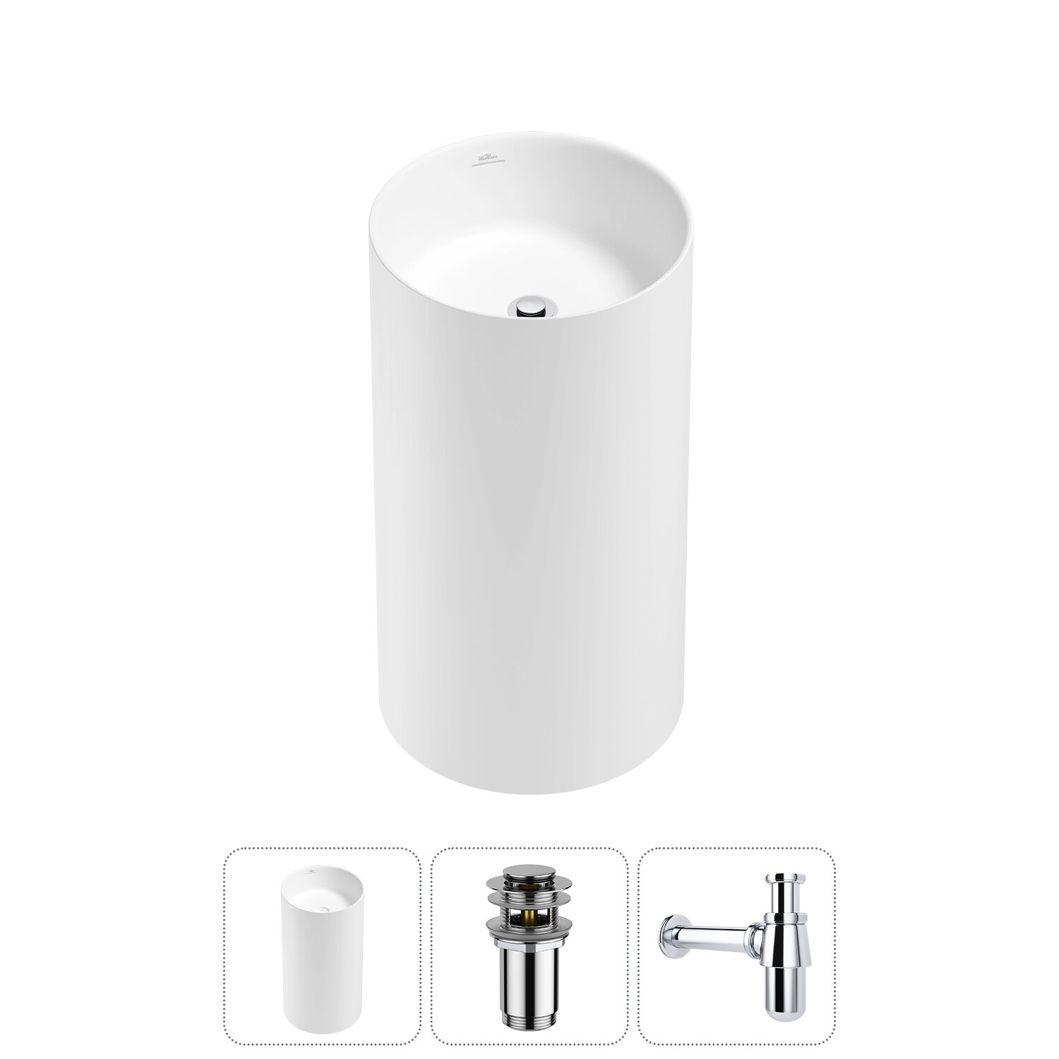 Круглая напольная раковина для ванной Wellsee Chalice Perfection 20212896R в наборе 3 в 1: напольная отдельностоящая раковина моноблок в цвете матовый белый, донный клапан, сифон (цвет хром)