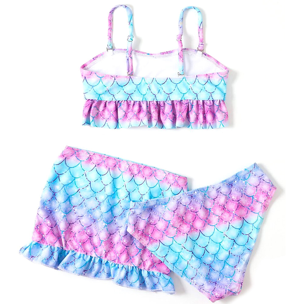 Купальник для девочек-тоддлеров 3 части, мermaid swimsuit, bikini для отдыха на пляже, купание на открытом воздухе, летний стиль, для детей, размеры 104-164см, цвет Multicolor Gradient Fish, материал полиэстер и спандекс, вес 120-160г, в комплект входят