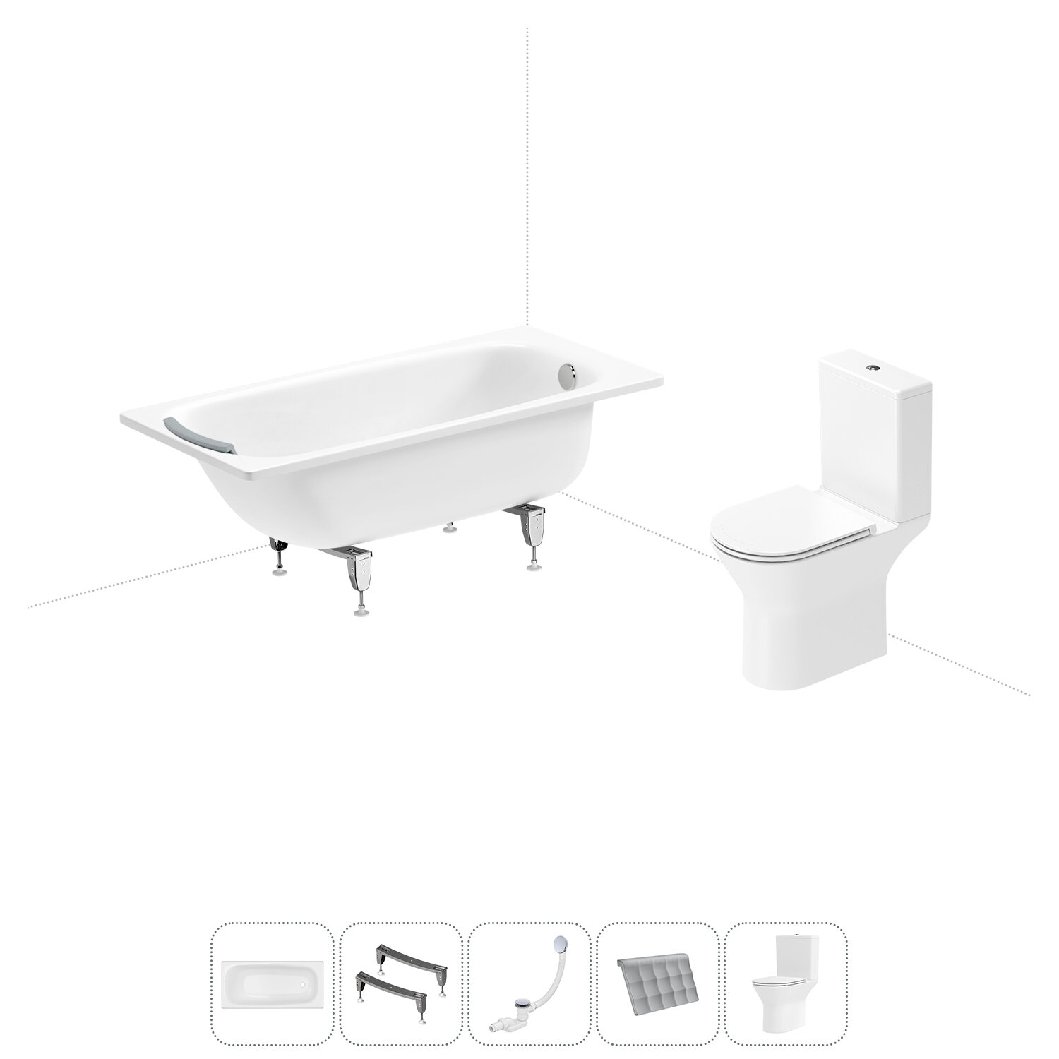 Стальная ванна 150х70 Sanitana BLB Universal 20220693R в наборе 5 в 1: металлическая ванна 150 х 70 см с шумоизоляцией, ножки, слив-перелив, подголовник, унитаз