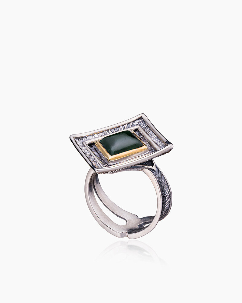 Кольцо, серебро, 925 проба, золочение, чернение, нефрит