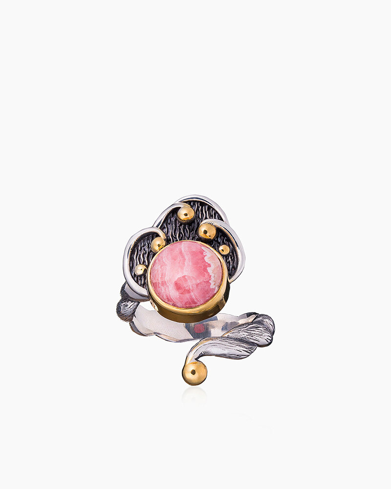 Кольцо, серебро, 925 проба, чернение, золочение, родохрозит