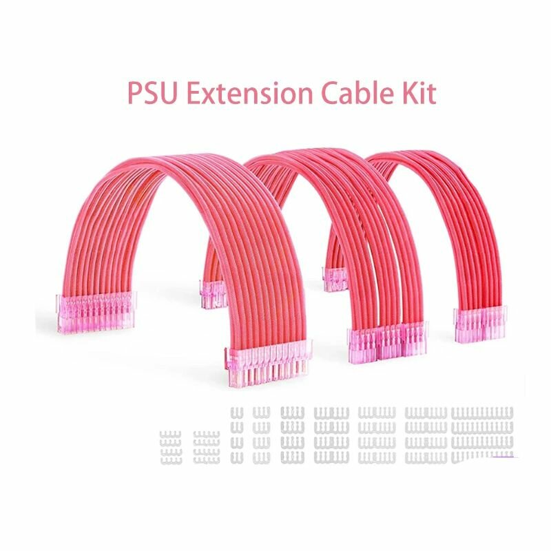 Комплект удлинительных кабелей для блока питания, прозрачный корпус, розовый, синий, черный, 300 мм, ATX24Pin, PCI-E8Pin, CPU8Pin, с гребнями