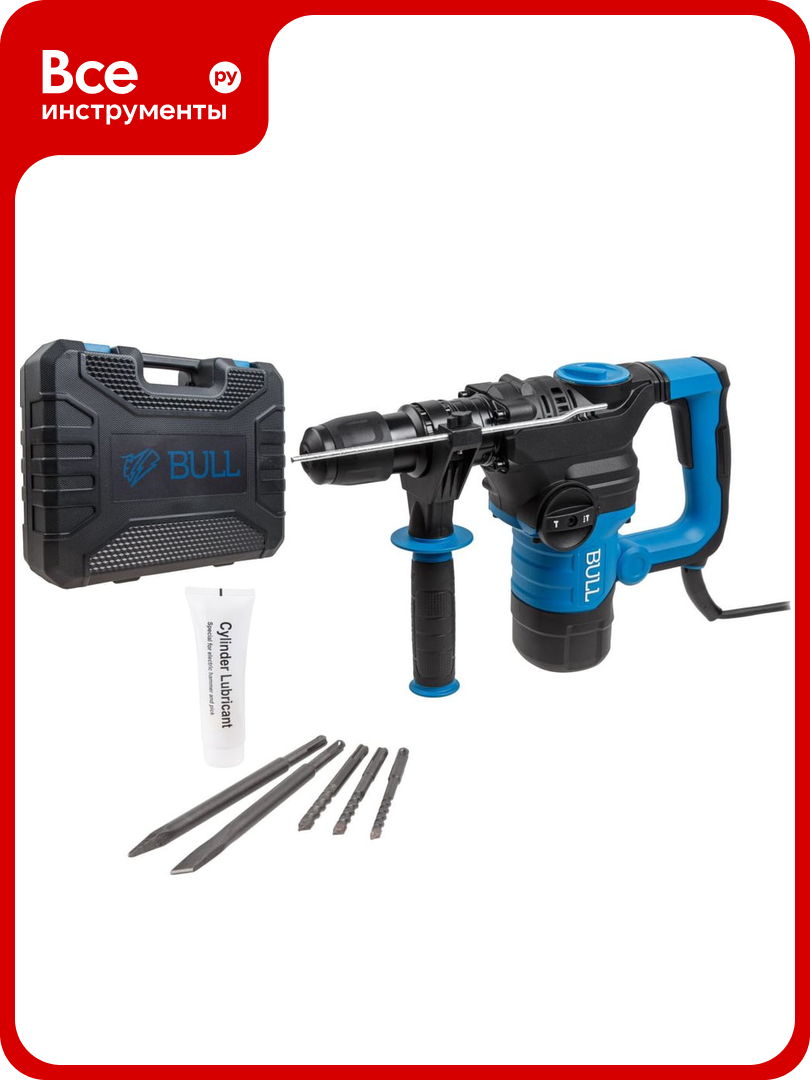 Перфоратор BULL BH 3202 в чем. 1500 Вт, 6,5 Дж, 32 мм, 2 реж. + 2 зуб, 3 сверла, SDS-plus 1325783