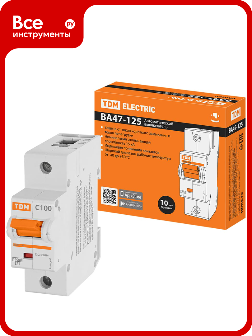 Автоматический, TDM, выключатель TDM ELECTRIC ВА47-125 1Р 100А 15кА С SQ0208-0059, термоустойчивого пластика