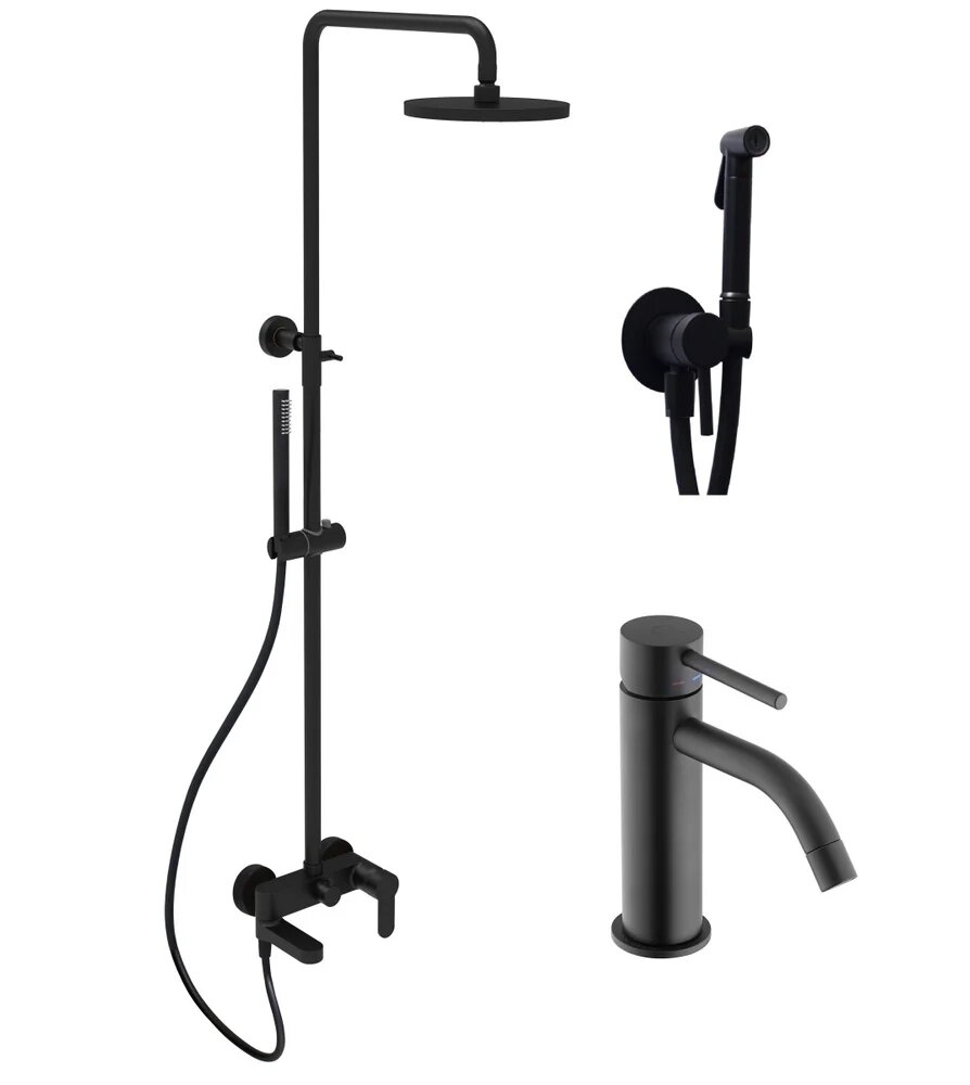 Комплект для ванной Paffoni Light KITZCOL632NO71 3 в 1, с изливом, латунный, черный, матовый, душевая система