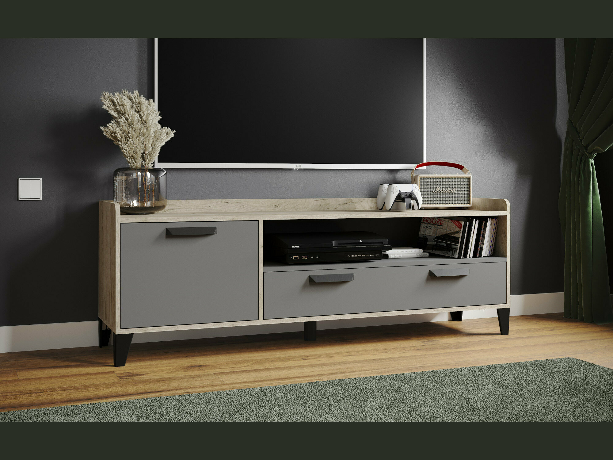 Тумба ТВ на ножках, один широкий ящик, ниша и распашная дверь, Крафт серый/Графит