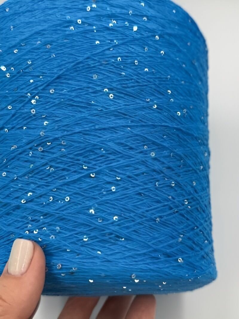 Пряжа Пайетки 2мм на хлопке 2-05707 ярко-голубой с серебряными пайетками т1г (200г/1500м)