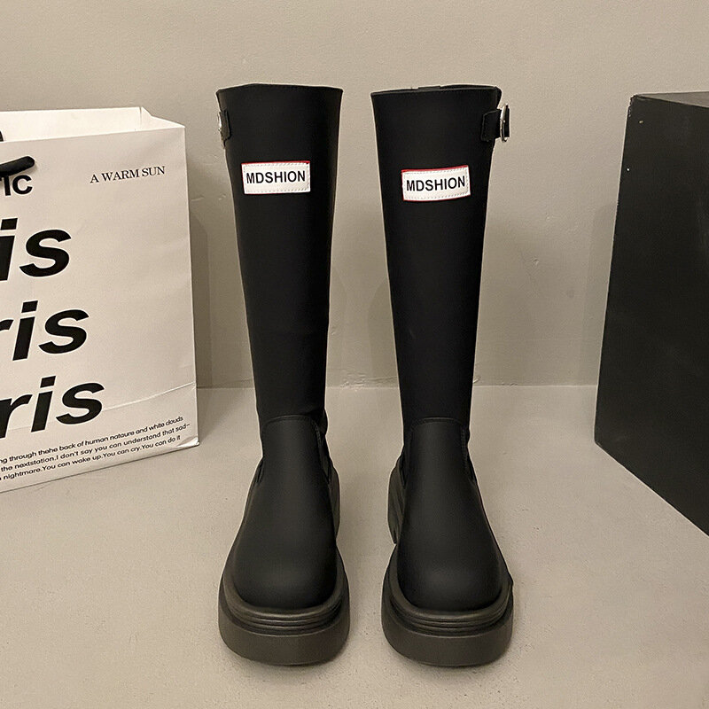 Высокие красные сапоги с толстой подошвой и нескользящим голенищем, осенне-зимние сапоги 2025 года, рыцарские сапоги до колена, универсальные модные сапоги для женщин