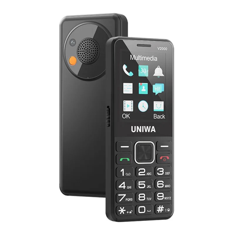 UNIWA V2000 Большой кнопочный телефон 4G с двойным экраном, 0,3 МП, камера, FM-радио, клавиатура, 1700 мАч, поддержка мобильного телефона, набор на один клик Russian keyboard, Черный, Черный