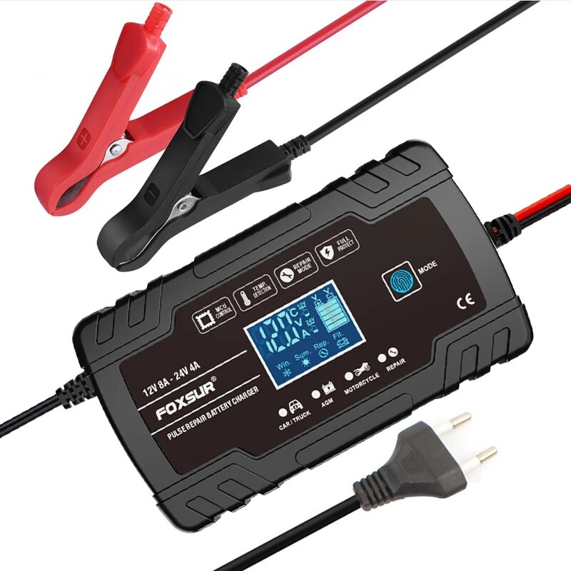 Зарядное устройство для автомобильного аккумулятора 12 В, 8 А/24 В, 4 а, автоматическое быстрое зарядное устройство для автомобиля, мотоцикла, грузовика, гелевая свинцово-кислотная батарея AGM Deepcycle Black EU Plug