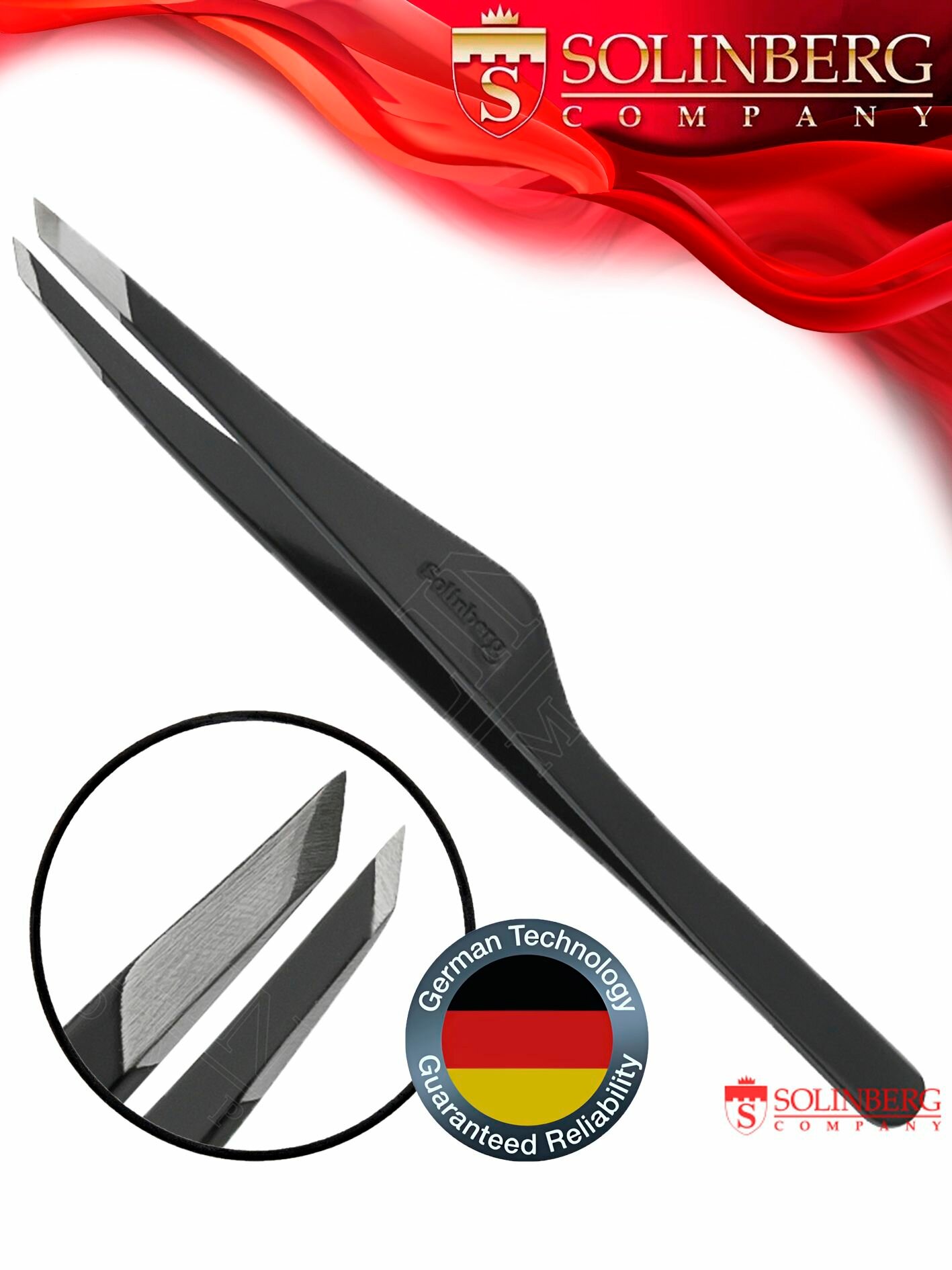 Пинцет для бровей Solinberg G807, (ручная заточка) чёрный, наклонное окончание с четкими гранями.