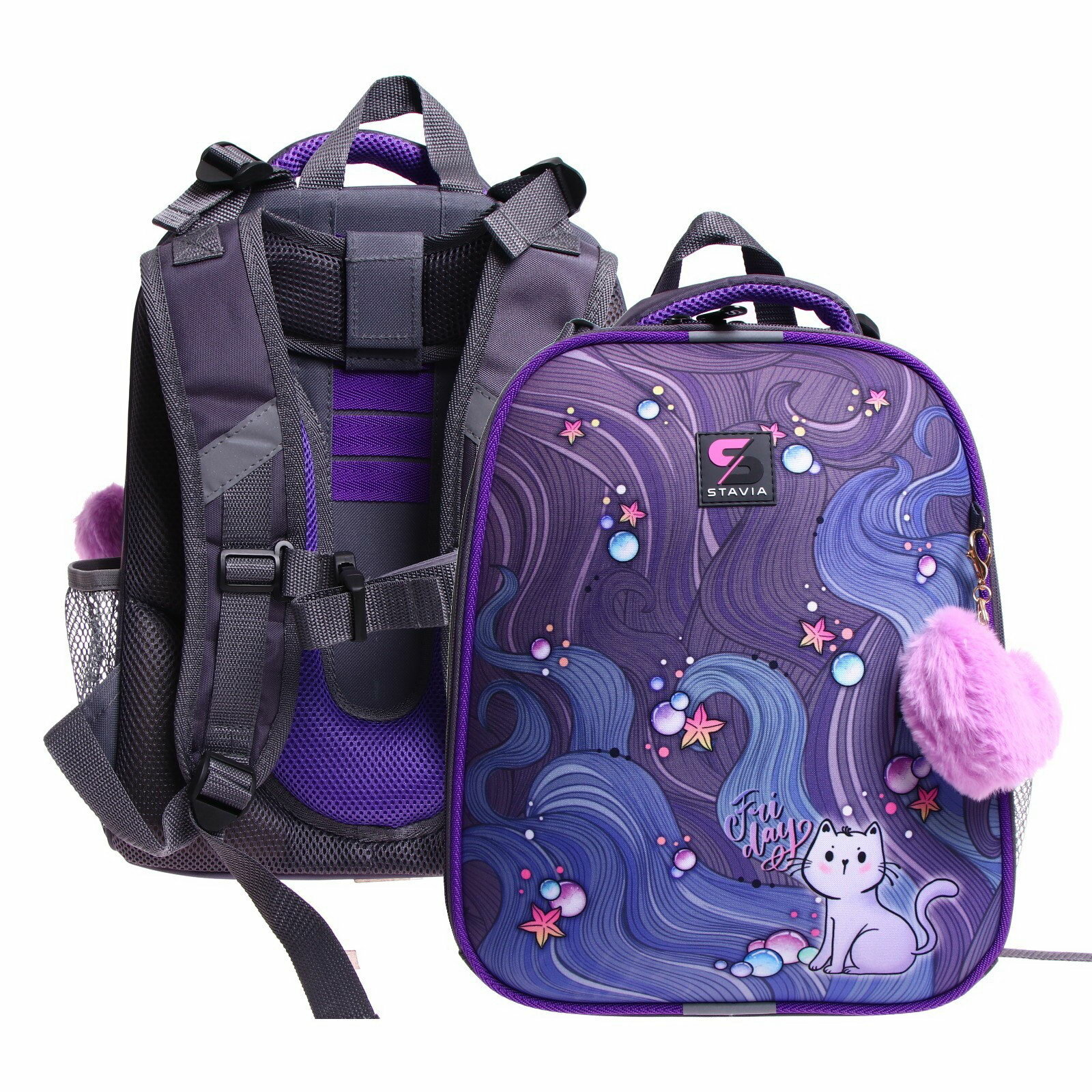 Рюкзак каркасный школьный 38x30x16 см, эргономичная спинка, "Котик"