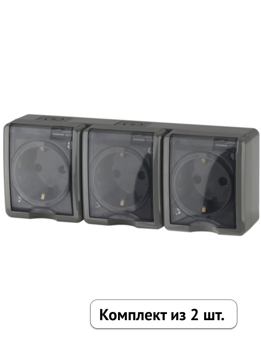 Розетка ЭРА Эксперт тройная, с заземлением, защитные шторки и крышка, влагозащищенная, IP54, серая (комплект из 2 шт.)
